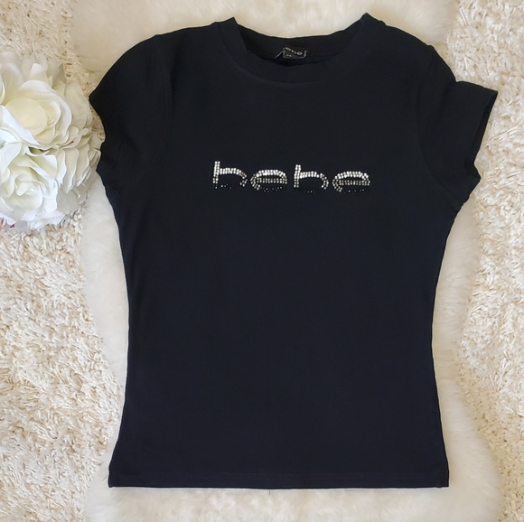 bebe | Tops | Bebe Black Tshirt Logo Sparkle M Or L | Poshmark
